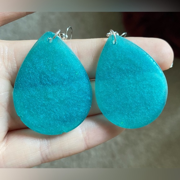 Jewelry | Handmade Bluegreen Glittery Teardrop Resin Earrings With Silver Hardwire | Poshmark